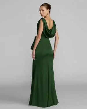 Mac Duggal Green Draped Cowl Neck Gown With Side Slit