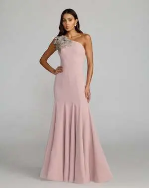 Mac Duggal Petite Crepe One Shoulder Gown With Crystal Flower