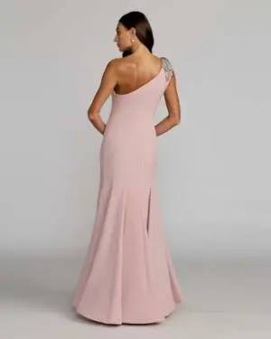 Mac Duggal Petite Crepe One Shoulder Gown With Crystal Flower
