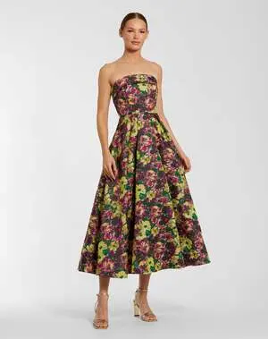 Mac Duggal Multicolor Strapless Brocade A-line Midi Dress - Plum Multi