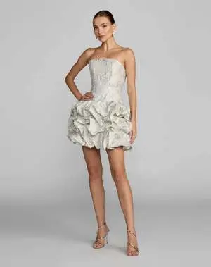 Mac Duggal Strapless Brocade Bubble Hem Mini Dress