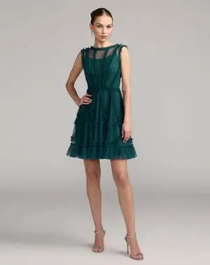 Mac Duggal Teal High Neck Sleeveless Micro Ruffle Mini Dress - Green