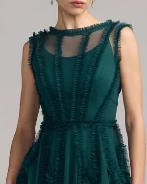 Mac Duggal Teal High Neck Sleeveless Micro Ruffle Mini Dress
