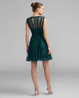 Mac Duggal Teal High Neck Sleeveless Micro Ruffle Mini Dress