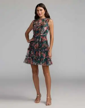 Mac Duggal Teal Micro Ruffle Floral A-line Mini Dress - Blue