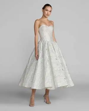 Mac Duggal Strapless Metallic Brocade Tea Length Dress