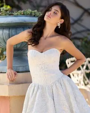 Mac Duggal Strapless Metallic Brocade Tea Length Dress