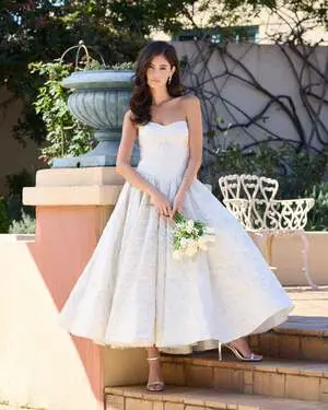 Mac Duggal Strapless Metallic Brocade Tea Length Dress