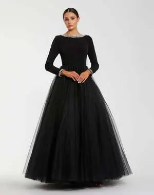 Mac Duggal Petite Long Sleeve Tulle Ball Gown - Black