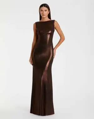 Mac Duggal Petite Metallic Jersey Gown With Cowl Back - Brown