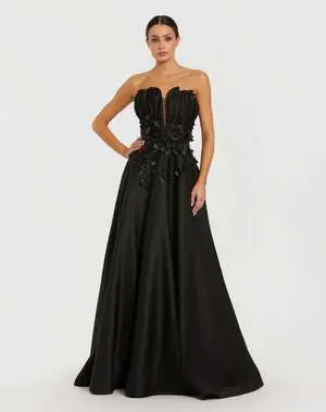 Mac Duggal Petite Strapless Satin Floral Embellished Ball Gown - Black