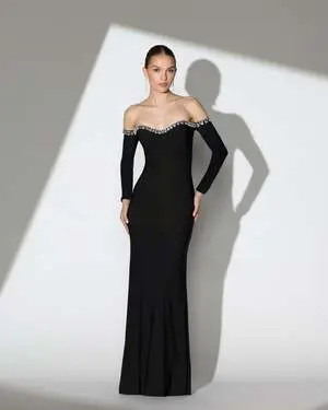 Mac Duggal Long Sleeve Off-the-shoulder Mermaid Gown With Crystal Embellishments