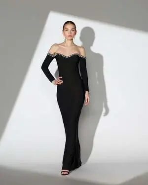 Mac Duggal Long Sleeve Off-the-shoulder Mermaid Gown With Crystal Embellishments