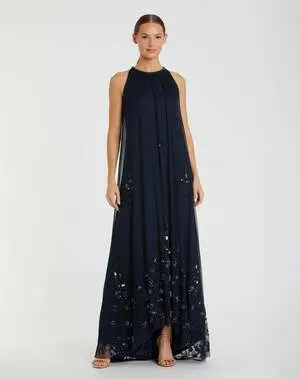 Mac Duggal High Neck Floral Embellished Trapeze Gown - Navy