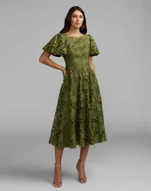 Mac Duggal Green Floral Lace Flutter Sleeve Midi Dress - Olive