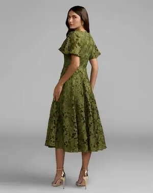 Mac Duggal Green Floral Lace Flutter Sleeve Midi Dress