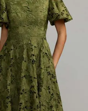 Mac Duggal Green Floral Lace Flutter Sleeve Midi Dress
