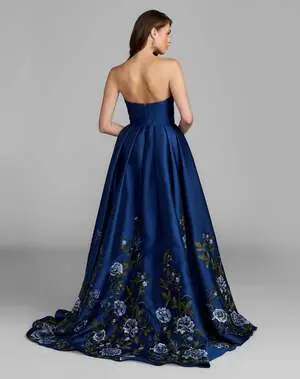 Mac Duggal Blue Floral Embroidered Mikado Strapless Ball Gown