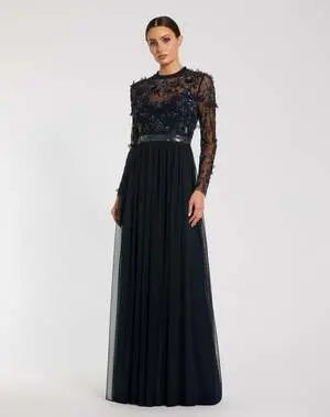 Mac Duggal Embellished Illusion High Neck Long Sleeve Gown