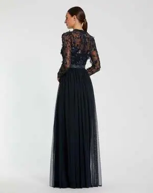 Mac Duggal Embellished Illusion High Neck Long Sleeve Gown