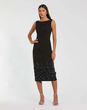 Mac Duggal Crepe Sleeveless Midi Dress With Flower Beading - Black