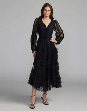 Mac Duggal Long Sleeve V-neck Micro Ruffle Midi Dress - Black