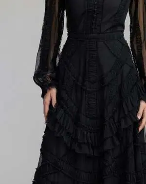 Mac Duggal Long Sleeve V-neck Micro Ruffle Midi Dress