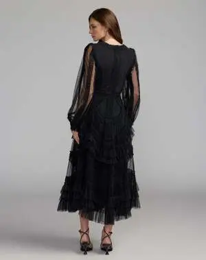 Mac Duggal Long Sleeve V-neck Micro Ruffle Midi Dress