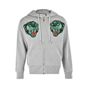 Gucci Embroidered Tiger Head Zip Hooded Sweatshrt Melange