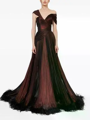 IRIS SERBAN Feather-trimmed Pleated Maxi Dress