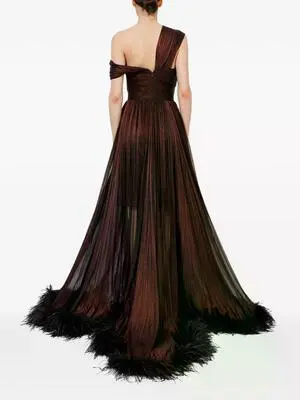IRIS SERBAN Feather-trimmed Pleated Maxi Dress