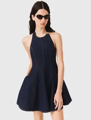 Maje Halterneck Denim Dress With Brooch Detail