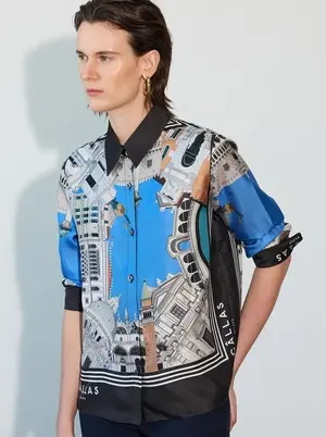 CALLAS MILANO Cameron Silk Twill Venice Print Shirt - Blue/black