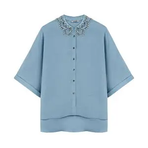 NOCTURNE Stone Accessory Collar Detail Shirt - Blue