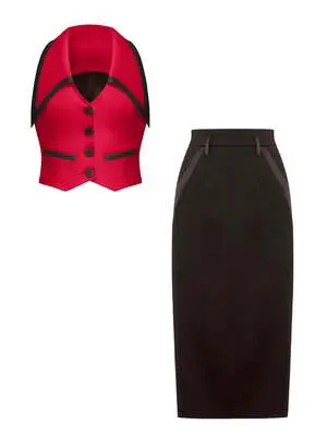TIA DORRAINE Waistcoat & Skirt Set - Black/red