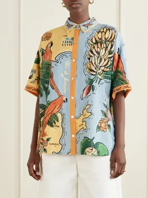 Farm Rio Beaches Path Printed Linen-blend Shirt - Blue