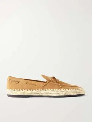 Tory Burch The Raffia Boaty Bow-detail Raffia-trimmed Suede Loafers - Brown