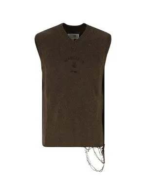 MAISON MARGIELA Wool Knit V-neck Vest With Distressed Hem And Chain Detail