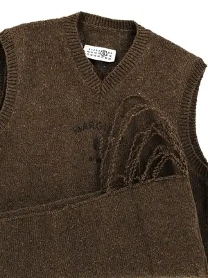 MAISON MARGIELA Wool Knit V-neck Vest With Distressed Hem And Chain Detail
