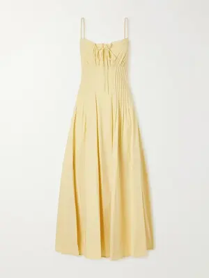 Staud Margi Ruffled Pleated Cotton-stretch Poplin Midi Dress - Yellow