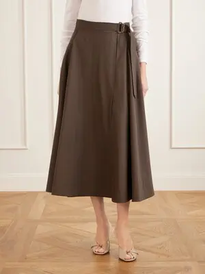 Burberry Belted Wool Gabardine Midi Skirt - Brown