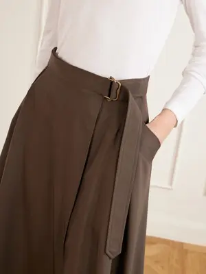 Burberry Belted Wool Gabardine Midi Skirt - Brown