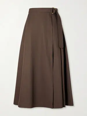 Burberry Belted Wool Gabardine Midi Skirt - Brown