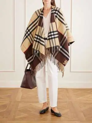 Burberry Fringed Checked Cashmere And Wool-blend Cape