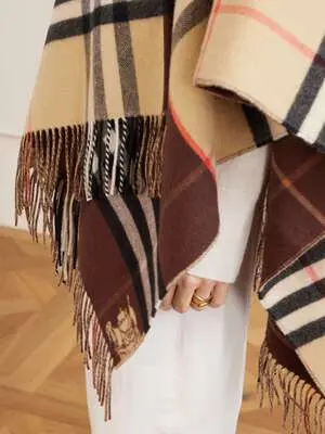 Burberry Fringed Checked Cashmere And Wool-blend Cape