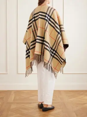 Burberry Fringed Checked Cashmere And Wool-blend Cape - Brown