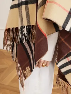 Burberry Fringed Checked Cashmere And Wool-blend Cape - Brown