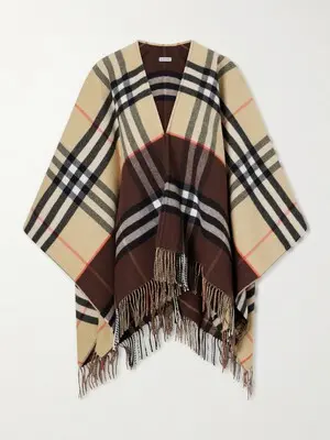 Burberry Fringed Checked Cashmere And Wool-blend Cape - Brown