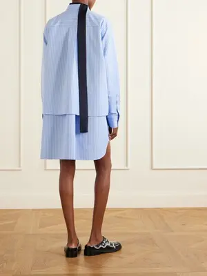 Sacai Scarf-detailed Striped Cotton-blend Poplin Mini Dress - Blue