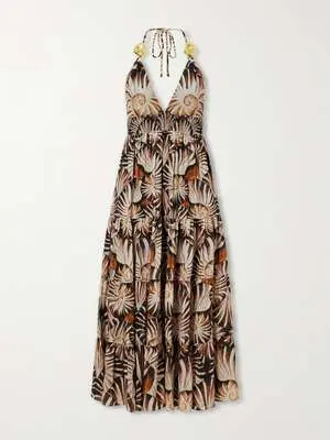 Farm Rio Embellished Printed Shirred Tiered Georgette Halterneck Midi Dress - Brown